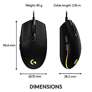 Logitech G102 Light Sync Gaming Wired Mouse with Customizable RGB Lighting, 6 Programmable Buttons, Gaming Grade Sensor, 8 k dpi Tracking,16.8mn Color, Light Weight (Black) (910-005802)