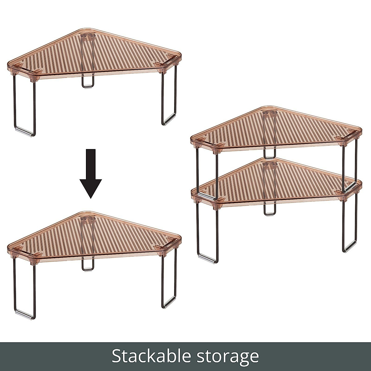 mDesign Plastic/Steel Corner Stackable Rack, Storage Organizer Shelf for Bathroom, Vanity, Countertop, Sink, Cabinet, Holds Makeup, Shower Accessories, Ligne Collection - 2 Pack - Bronze/Amber
