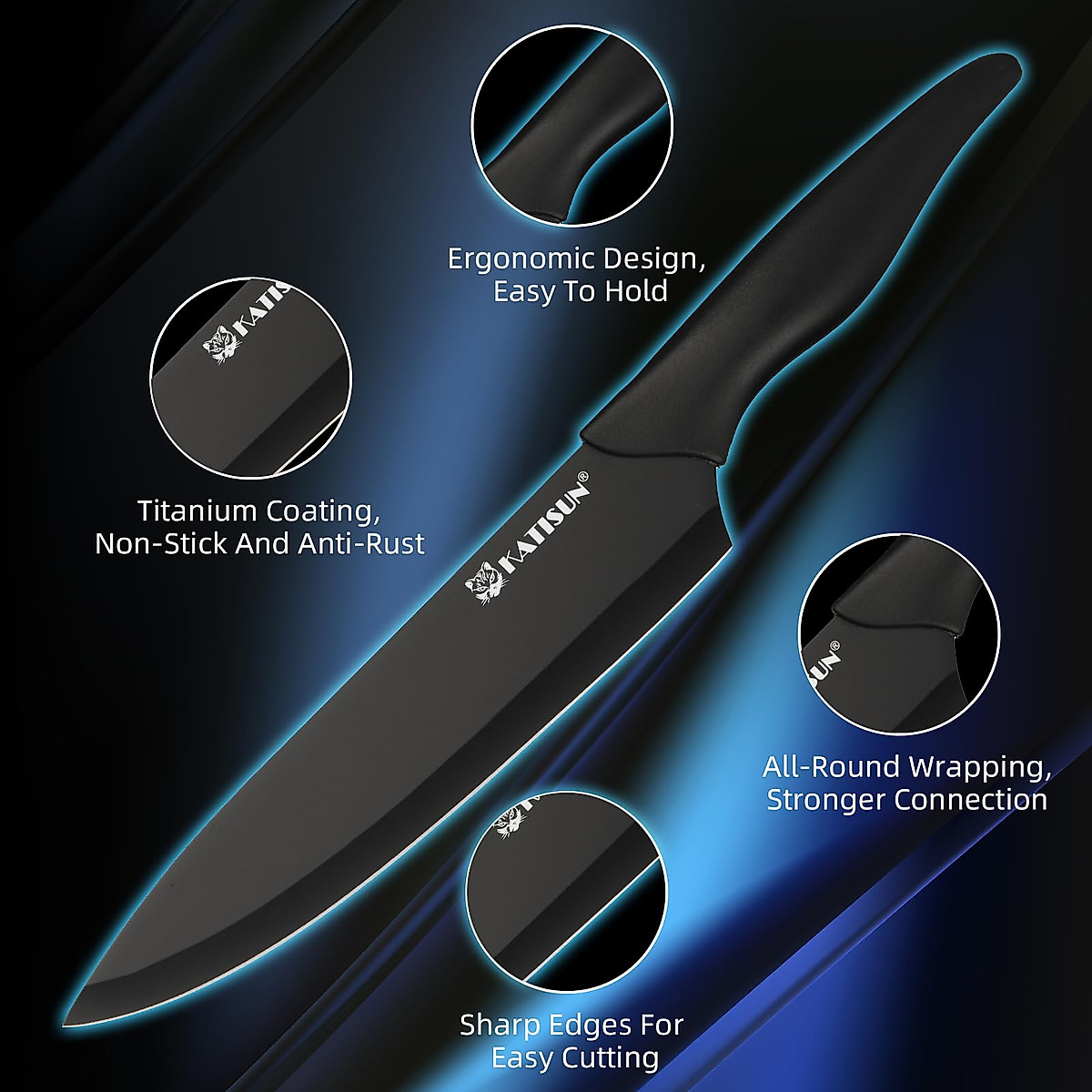 KATISUN 16 Pieces Kitchen Knife Block Set with Cutting Board, German Stainless Steel Knife Set with Sharpener, Dishwasher Safe, Anti-Slip Handle, 6 Steak Knives, Black