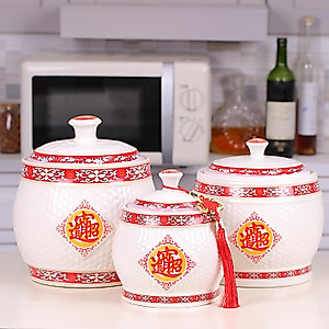 JIXDILO Chinese Ceramic Rice Bucket, Large Grain Dispenser, Food Storage Container with Lid, Sealed Rice Storage Jar for Noodles Rice Snacks(21x24cm(8x9inch), A)