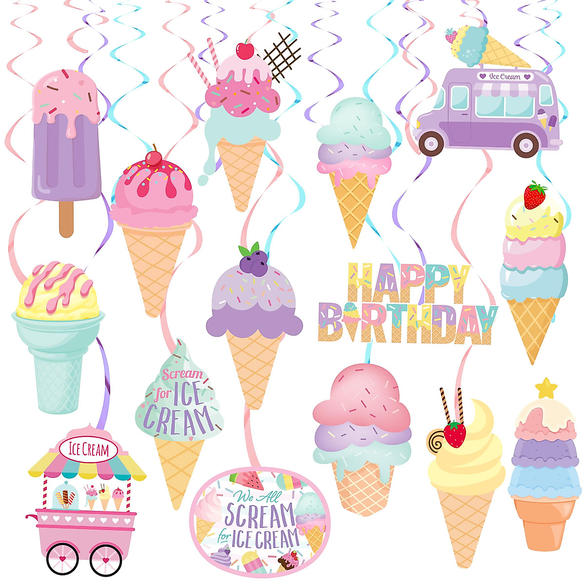 Ice Cream Party Hanging Swirls Ice Cream Birthday Party Decorations 20pcs Summer Ice Cream Party Hanging Decor Ice Cream Cone Swirls Streamer for Summer Theme Baby Shower Supplies