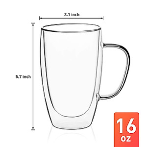 COMOOO 16oz 2 Pack Double Walled Glass Coffee Mugs, Clear Glass Coffee Cups Insulated Glass Mugs with Handle for Coffee, Tea, Latte, Espresso, Cappuccinos