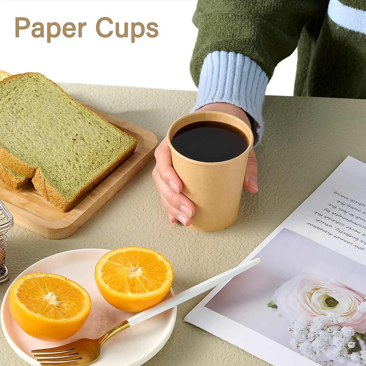 LITOPAK 100 Pack 8 oz Kraft Paper Coffee Cups for Water, Juice, and Tea, Disposable Hot Coffee Cups for Home, Restaurant, Store, and Cafe