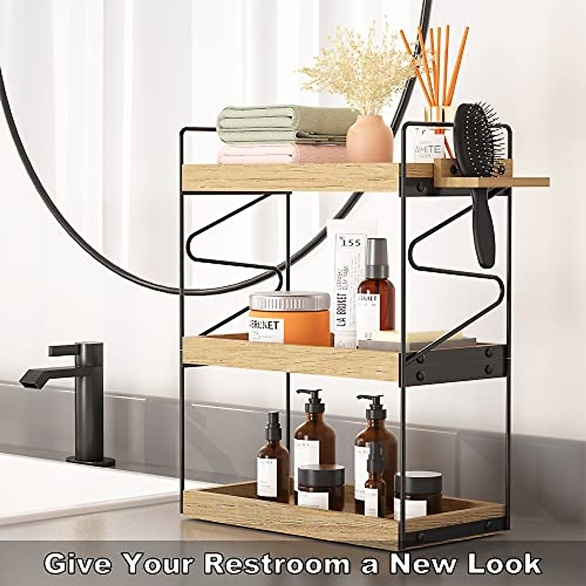 Nidouillet 3 Tier Bathroom Counter Organizer, Wood Countertop Organizer Standing Shelf Skincare Vanity Organizer Cosmetic Holder with Sink Tray Comb Storage for Kitchen Coffee Station Bedroom Brown