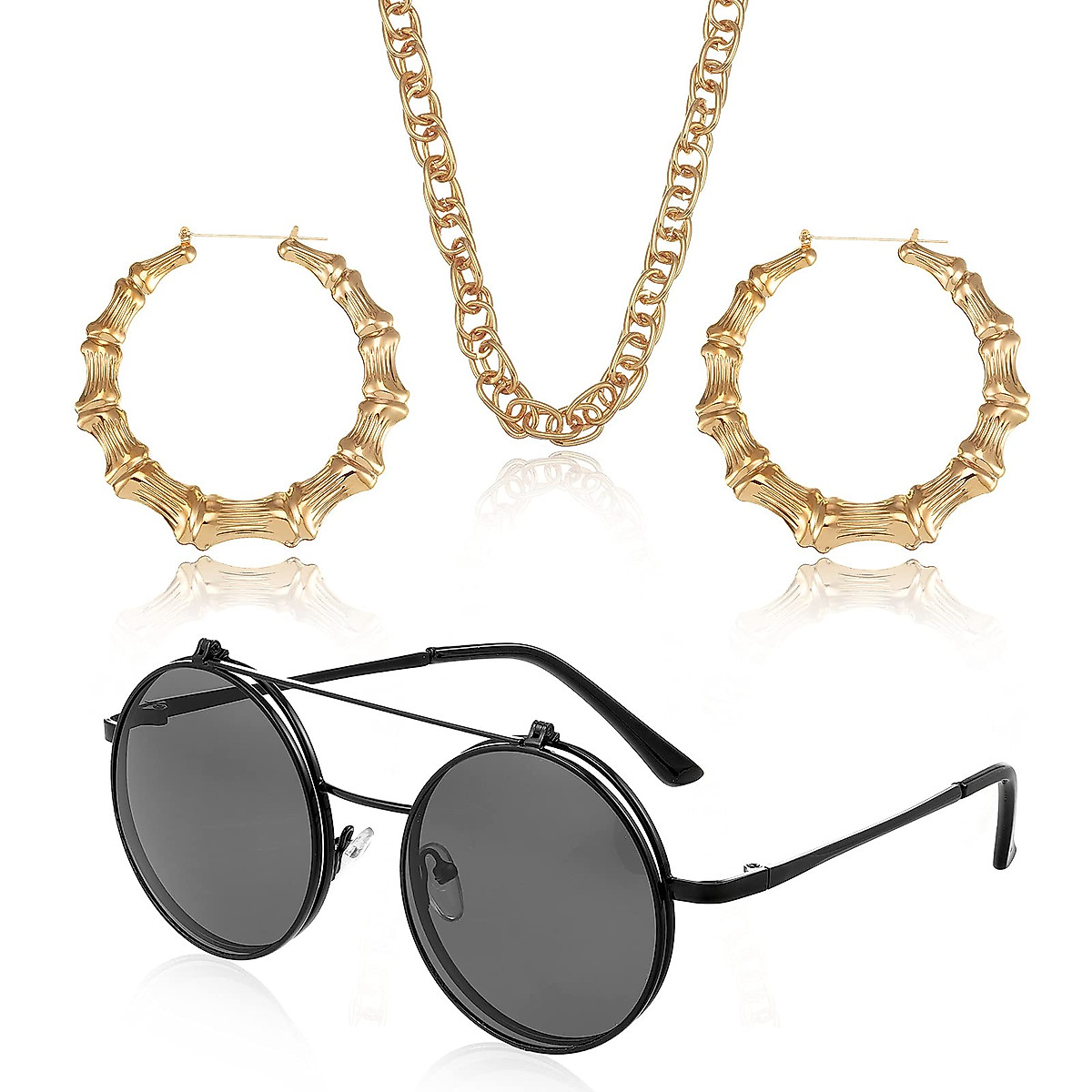 Hicarer 80s 90s Outfit Accessories for Women Men Hip Hop Costume Round Goggle Faux Gold Chain Earring Jewelry (Round Shape Earrings)