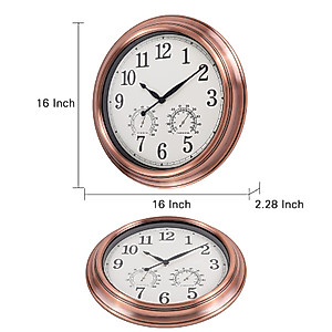 Vigorwise 16 inch Outdoor Wall Clock, Metal Waterproof Wall Clock with Temperature & Humidity, Large Non-Ticking Wall Clocks, Silent Wall Clock for Patio Garden Bathroom