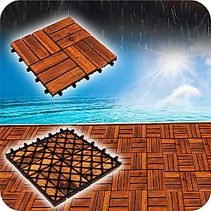 YAMAZING 12'x12' Solid Wood Interlocking Flooring - Acacia Hardwood Deck Tiles (Pack of 9), Indoor & Outdoor Use, Waterproof All Weather (9 Sq Ft)