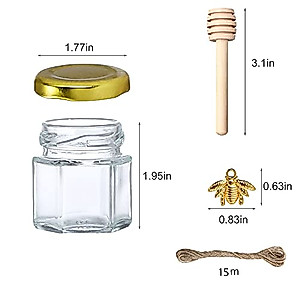 1.5 oz Hexagon Mini Glass Honey Jars -30Pack Honey Jars with Wood Dipper, Gold Lid, Bee Pendants, Jutes - Perfect for Baby Shower, Wedding Favors, Party Favors