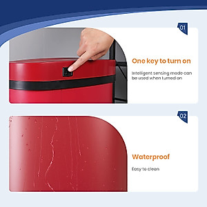 Furniture of America Verbena 13 Gallon Metal Household Trash Can with Motion Sensor Lid for Kitchen, Red