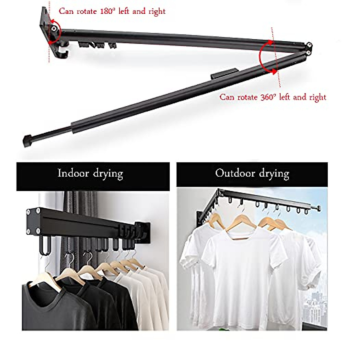 XuuSHA Wall Mounted Retracting Hanging Clothing Drying Ra Wall Mount-Folding Drying Rack, Clothes Storage Rack, Indoor Outdoor Drying Rack Telescopic Clothes, (Color : Black One Shot)
