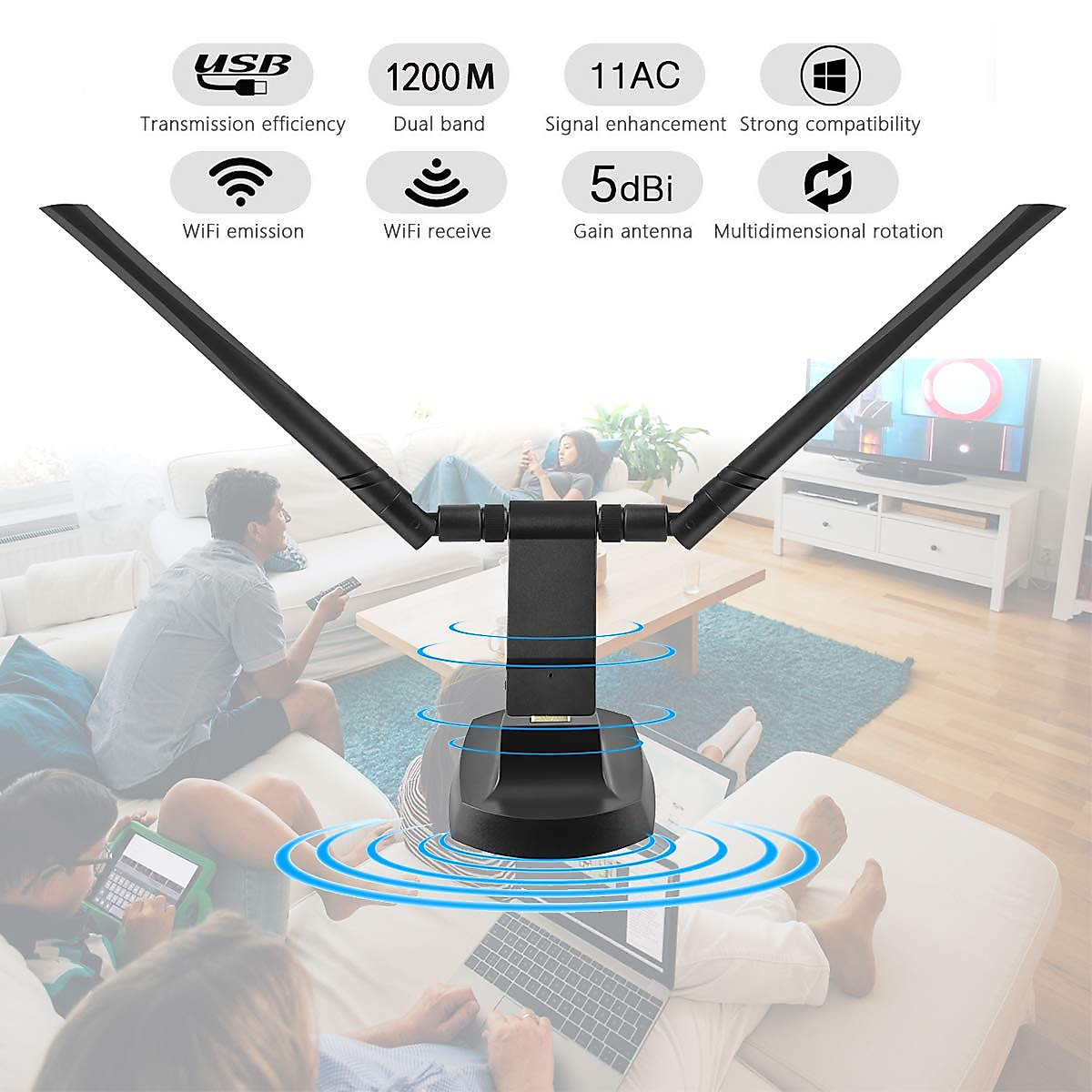 USB WiFi Adapter, 1200Mbps Dual Band 2.4GHz/300Mbps 5.8GHz/867Mbps High Gain 5dBi Antennas USB 3.0 Wireless Network Adapter for PC Desktop Laptop with Windows 10/8/7/XP/Vista, Mac OS, Linux