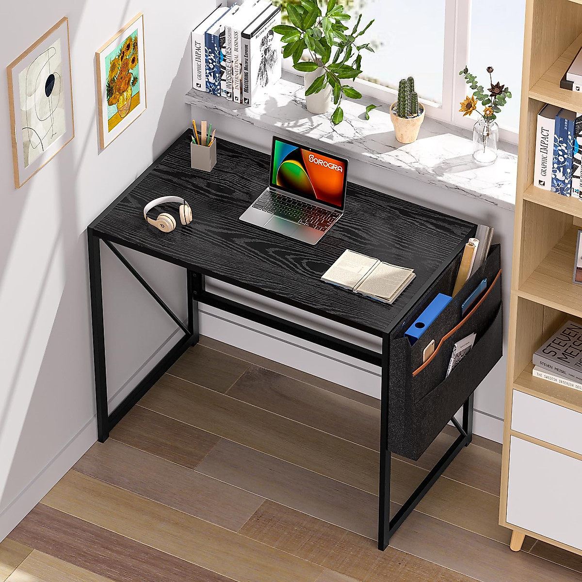 SOROGRA Folding Desk, Small Foldable Desk 31.5 Inch for Small Space, Computer Table Home Office Writing Desk with Storage Bag Headphone Hook, Easy Assembly, Black