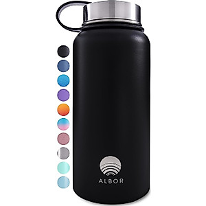 Albor 32 oz Insulated Water Bottle With Chug Lid and Straw, Plus Carry Lid for Travel, Leak Proof Stainless Steel Water Bottle for Gym and Travel (Black)
