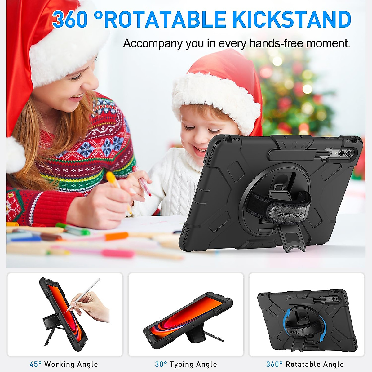 SUPFIVES Case for Galaxy Tab S10 Ultra 14.6 inch 2024, Tablet S9 Ultra 2023 Upgraded Military Liquid Silicone 3 Layers Protection with+Handle+ Rotating Stand+ S-Pen Holder+ Shoulder Strap- Black