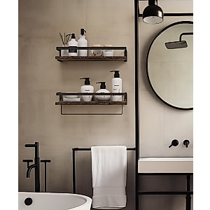 Afuly Bathroom Shelves for Wall, Floating Shelf Bathroom Over Toilet, Wall Mounted Shelves with Towel Bar Rack, Industrial Modern Home Decor Dark Brown