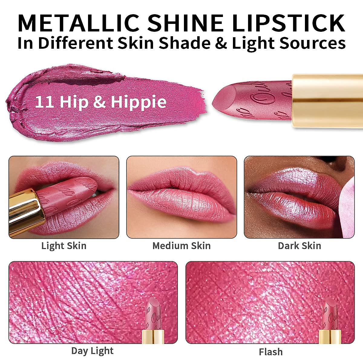 Oulac Pink Lipstick for Women with Metallic 3D Shine Lightweight Hydrating Formula, High Impact Lip Color, Vegan Beauty, Full Coverage Lip Makeup, Hip & Hippie(11)