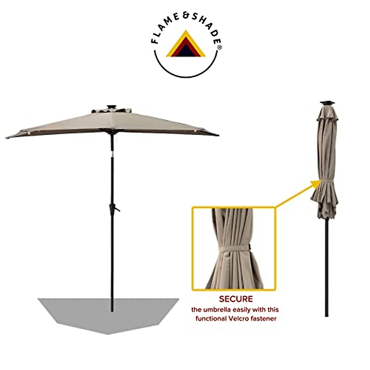 FLAME&SHADE 9 ft Half Round Solar Powered Outdoor Market Patio Table Umbrella for Wall Balcony with LED Lights and Tilt, Taupe
