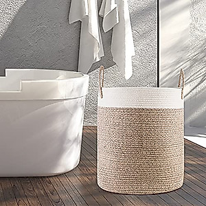 Large 18 x 16 Inches Decorative Woven Cotton Rope Basket，Woven Collapsible Laundry Basket ,Clothes Storage Basket for Blankets,Organize Your Living Room,Baby Nursery,Children/Pet Toys, Shoes, Pillows, Laundry, Towels/Clothes with This Premium Quality Wov
