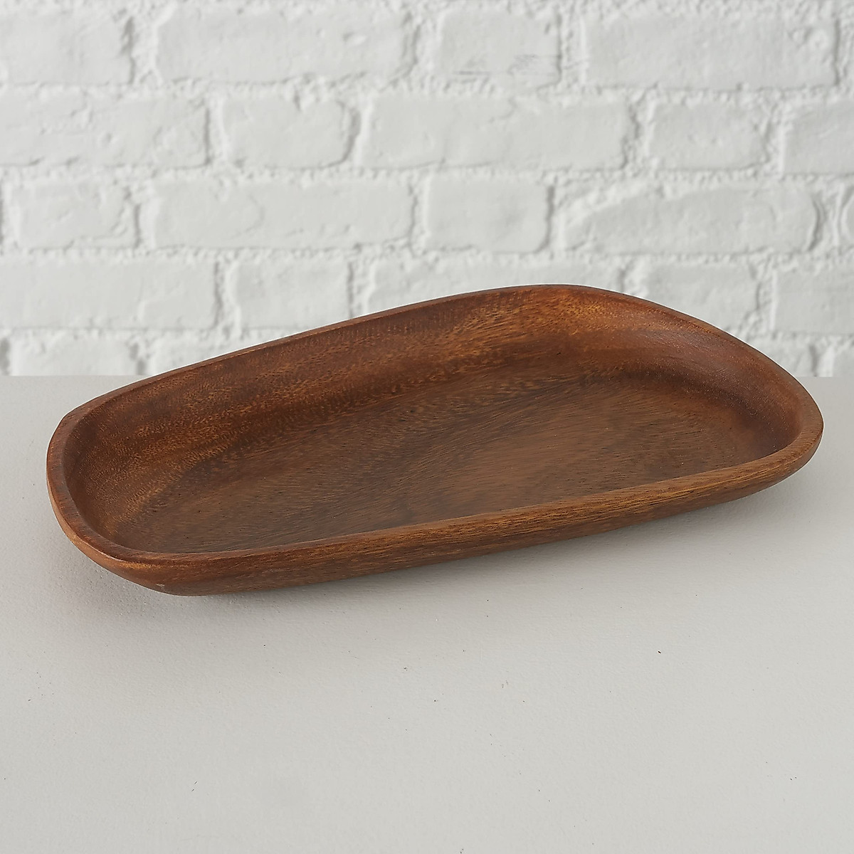 Farmers Market Artisinal Lop-Sided Wooden Trays, Set of 2, Low Rise Rim, Hand Carved, Natural Hard Wood, Rustic Design, 14.25 and 12.5 Inches