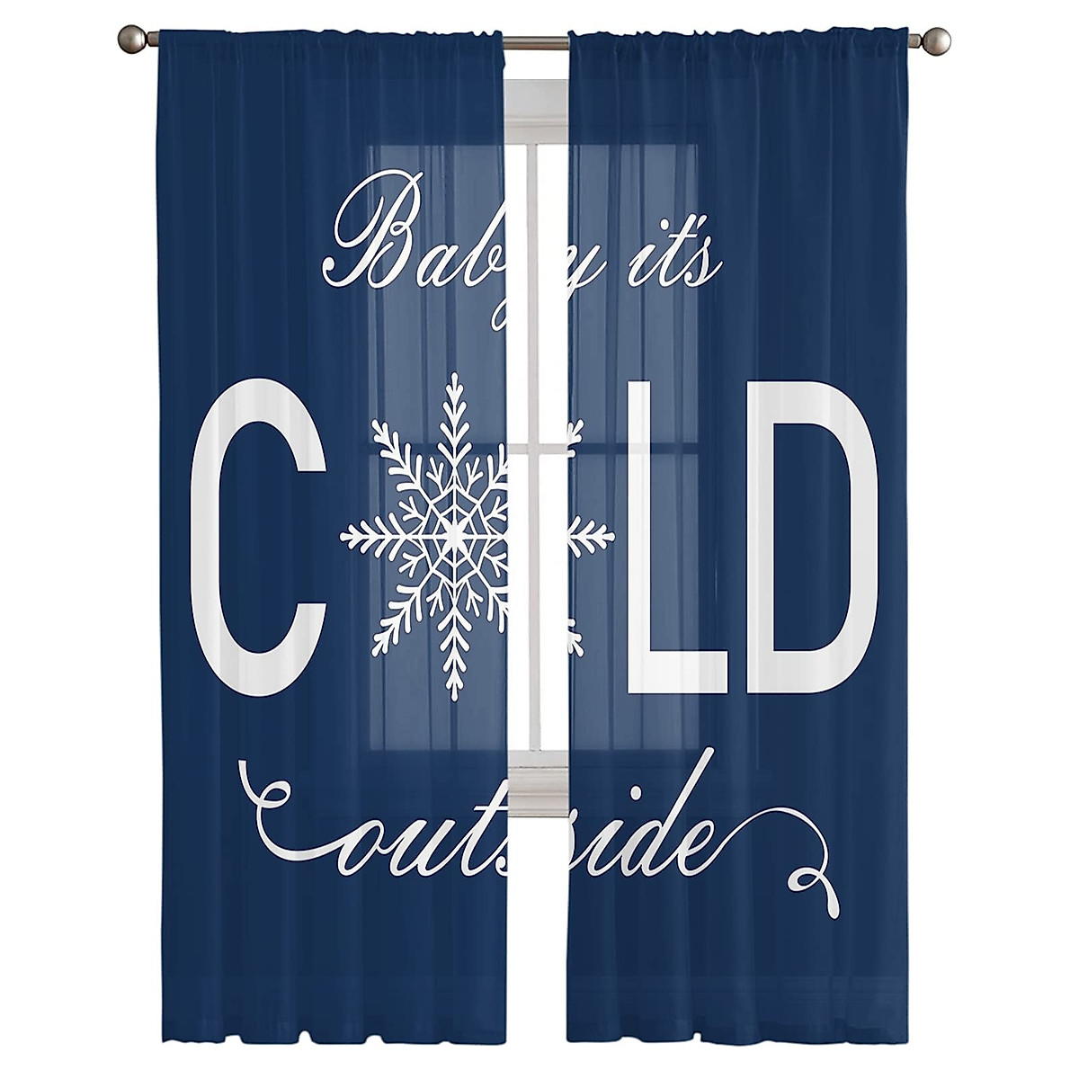 MACONAA Sheer Curtains 63 Inches Long, Christmas Rod Pocket Curtain for Living Room, Window Cold Winter Snowflakes Blue Backdrop Voile Drapes Chiffon Curtain for Bedroom 2 Panel