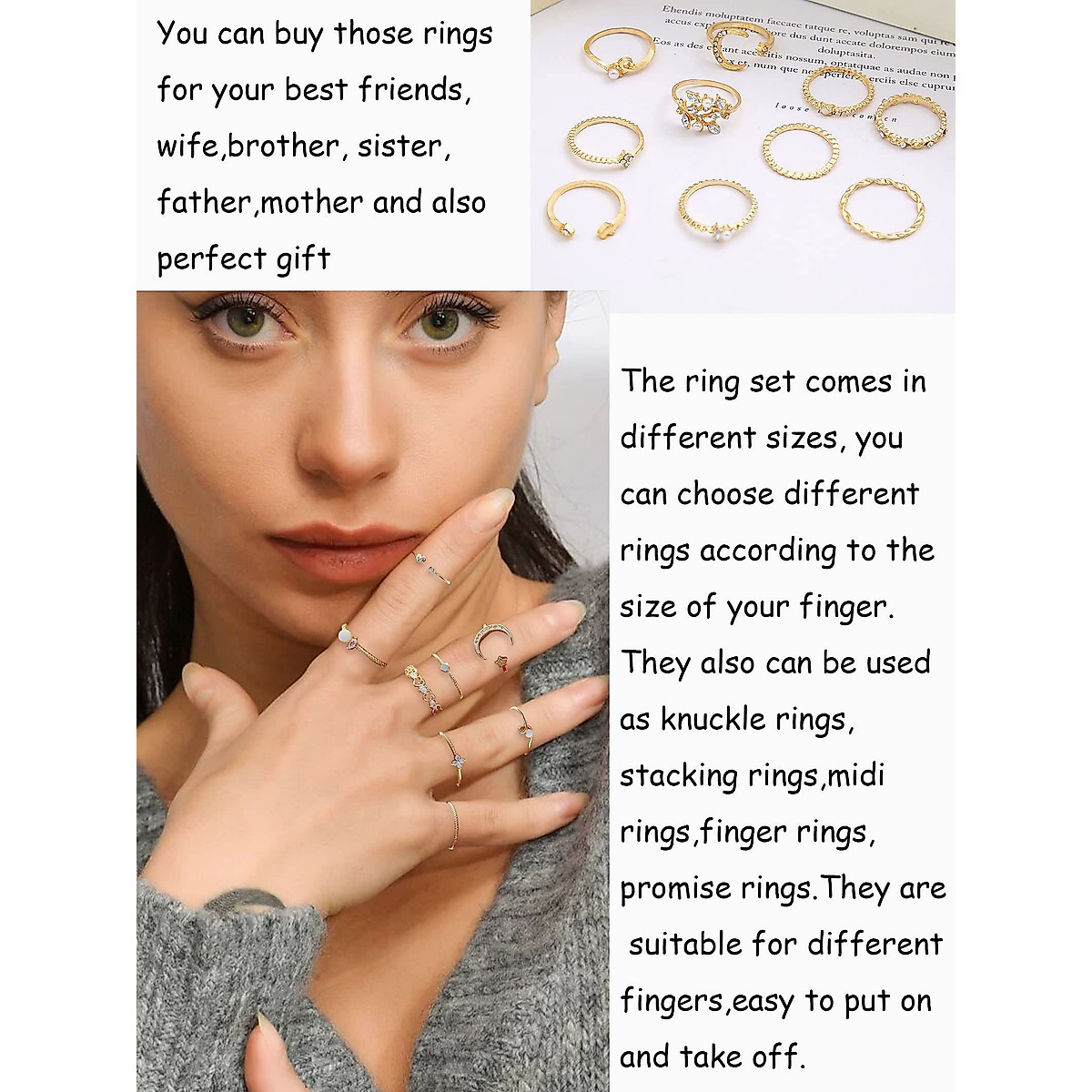 Long tiantian Stacking Rings for Women Moon Star Knuckle Rings for Women Gifts Simple Boho Rings Set Cute Stackable Aesthetic Rings Christmas Stocking Stuffers Gifts(Moon and Star)