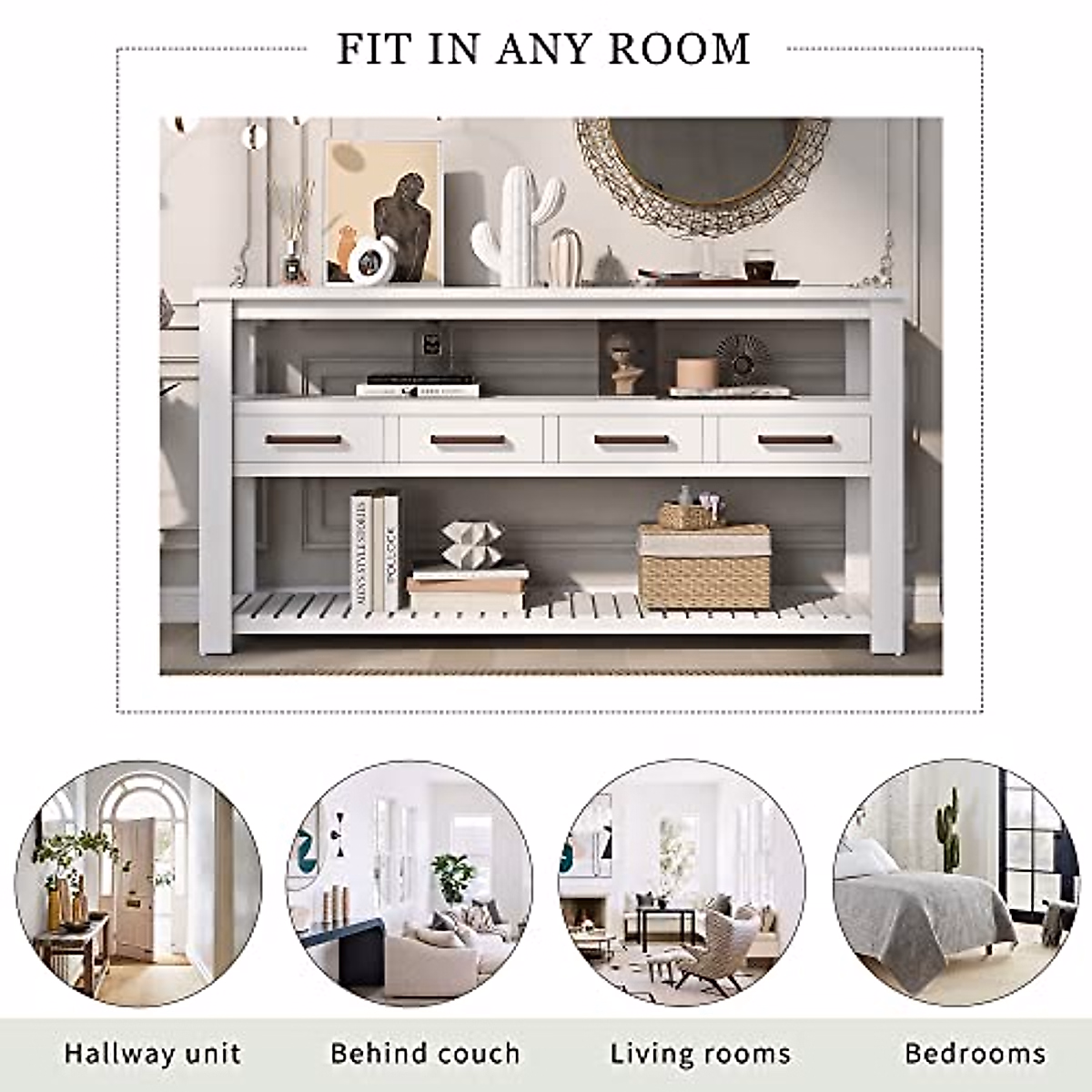Vintage Multifunction Console Table,62.2'' Modern Sofa Table with 4 Drawers and 2 Storage Shelves,Wooden Buffet Sideboard for Hallway,Entryway,Bedroom,Living Room (White + 4 Drawers)