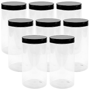 MOUYAT 8 Pack 32oz 1000ml Clear Plastic Storage Jars with Black Lids, 1L Empty Round Plastic Jars, Wide Mouth Food Storage Containers Refillable Jars for Kitchen Storage, Spice, Candy
