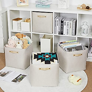 Bidtakay Fabric Storage Cubes Baskets Large 13x13 Set of 4 Soft Storage Bins for Shelves Clothes Toy Storage Collapsible Baskets for Linen Closet Organization Cube Bins for Nursery Home (Light Beige)