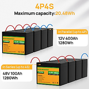 ECO-WORTHY 12V 100AH LiFePO4 Battery with 15000 Cycles, BMS - For RV, Marine, Solar Home Off-Grid System