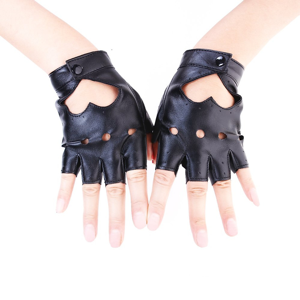 JISEN Sexy Women Heart Cutout Punk Half Finger PU Leather Performance Gloves Black, One Size