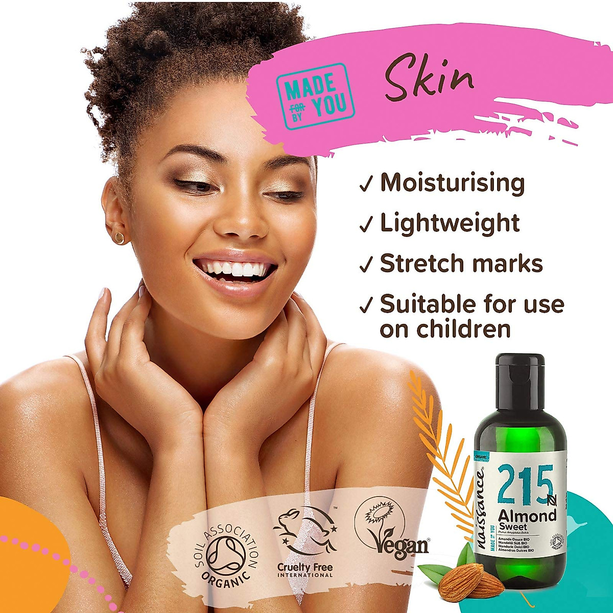 naissance Organic Sweet Almond Oil (no. 215) 4 fl oz - Pure & Natural, Cold Pressed, Vegan, Hexane Free & No GMO - Ideal for Massage, Skincare & Haircare