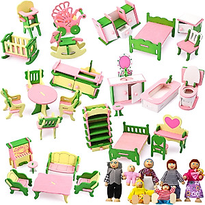 6 Sets of Wooden Dollhouse Furniture Set with 8 Dollhouse Family Figures 1:12 Playhouse Miniature Wood Toy Furniture and Accessories Kitchen, Bathroom, Living Room, Bedroom Pretend Play Toys