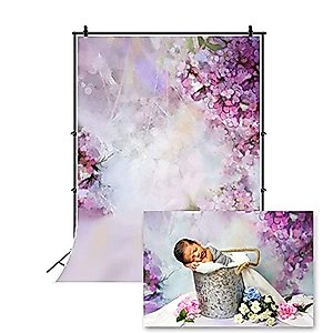 Laeacco Floral Background 5x7ft Oil Painting Watercolor Drawing Wall Flowers Photography Background Light Purple Blooming Spring Cherry Blossoms Abstract Photo Studio Backdrop Bokeh Children Photos