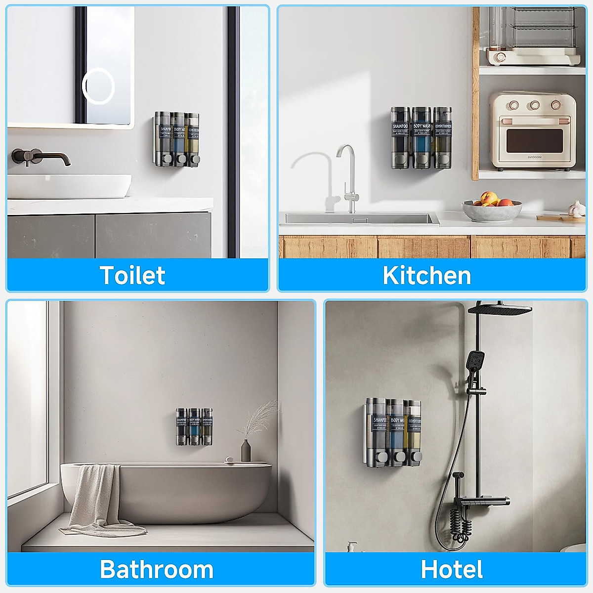 Shampoo and Conditioner Dispenser,GlintGath Shower Dispenser 3 Chamber No Drill Shampoo Dispenser for Shower Wall Mounted Shower Soap Dispenser for Bathroom Hotel,3 * 300ML,Gun Gray