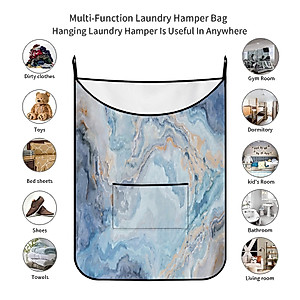 Hanging Laundry Bag Blue Marble with Over Door Hooks Durable Space Saving Laundry Bag Wide Open Top