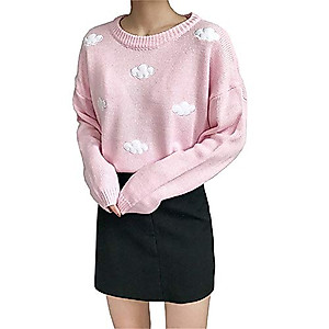 Women Kawaii Ulzzang Thick Vintage College Loose Sweater Female Sweet Cute Clouds Embroidery Knitted Kawaii Casual Pullover Pink