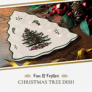 Spode Christmas Tree Collection Tree Shaped Dish, 10-Inch, Made of Porcelain, Serving Dishes, Christmas Tree Design, Green/Beige, Dishwasher and Microwave Safe