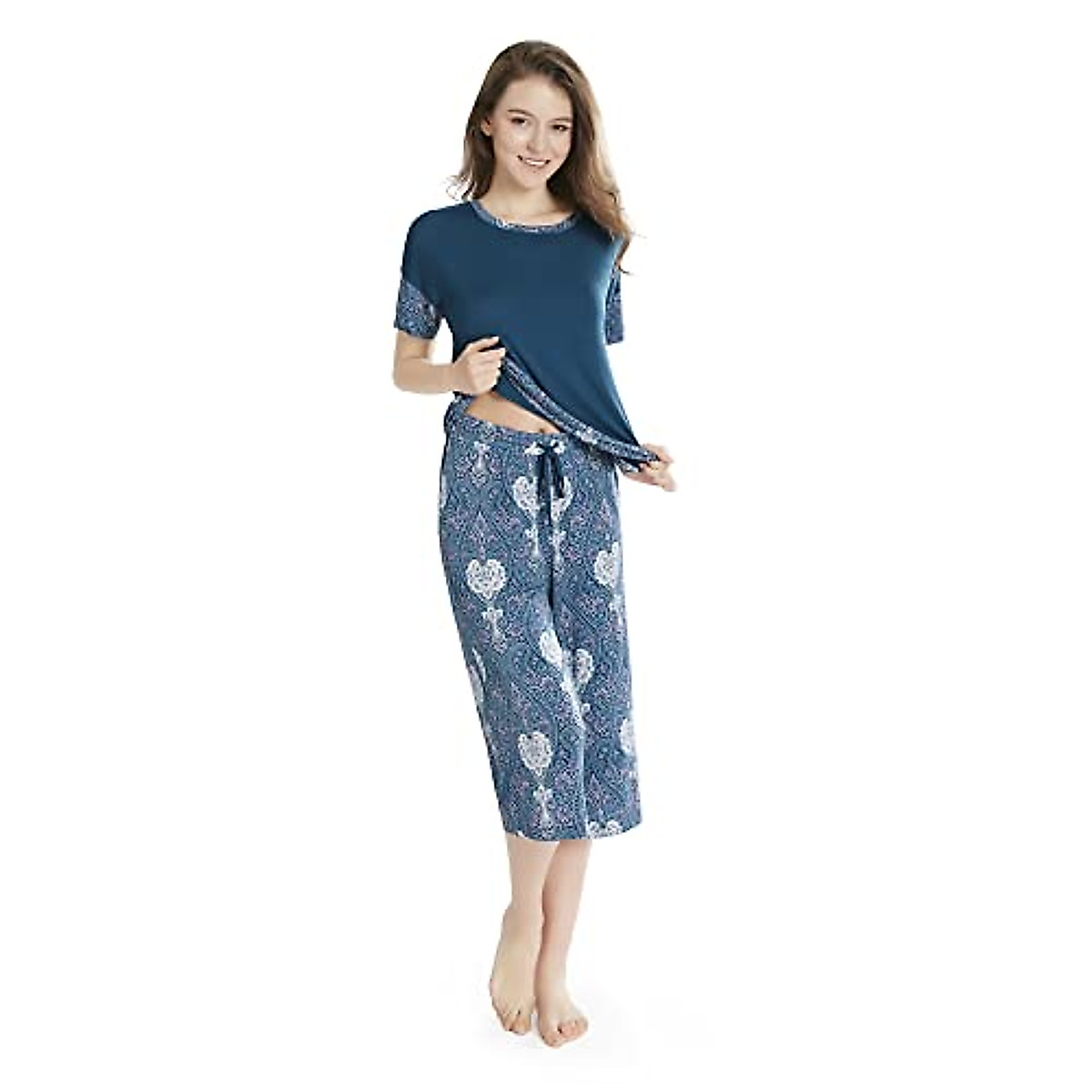 INK+IVY Pajamas for Women - Short Sleeve and Capri Pants PJ Set Loungewear, Casual Soft Breathable Sleepwear, Large, Bohemian Night Navy 2 Piece