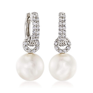Ross-Simons Cultured Pearl and 50 ct. t.w. CZ Hoop Drop Earrings in Sterling Silver