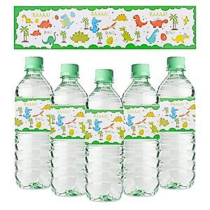URROMA 48 Pcs Dinosaur Baby Shower Water Bottle Labels Waterproof Water Bottle Wrappers Green Animal Water Bottle Stickers Baby Shower Bottle Wraps Decorations for Birthday Party