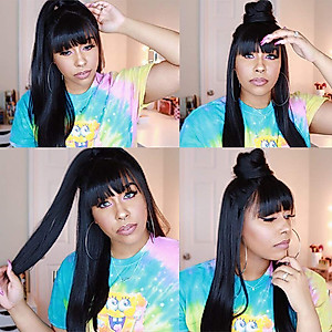 Lzlefho Silky Brazilian Virgin Straight Human Hair Wigs with Bangs 130% Density None Lace Front Wigs (Natural Black, 16inch)