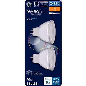 GE Reveal 2-Pack 50 W Equivalent Dimmable Color-Enhancing GU5.3 Mr16 LED Light Fixture Light Bulbs bi-pin Base 12V Light Fixture Light Bulbs