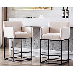 Modern Counter Height Bar Stools Set of 2, Linen Fabric Upholstered Bar Stools with Backs, 26 Inch Kitchen Island Stools with Black Metal Frame, Cream