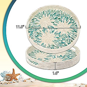 Round Serving Tray Shell Coffee Table Tray with Handles Elegant Decorative Tray for Food,Breakfast,Dinner,Ottoman,Parties,Restaurants and Bathroom, Blue, 11.8'