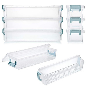 BTSKY Long Plastic Stackable Box Home, Office Supplies Storage Organizer Box Pencil Box Plastic Organizer Holder for Gel Pens Erasers Tape Pens Pencils Markers etc- 3 Pack - Clear with Blue Clip