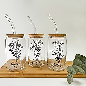 Personalized Name Birth Flower Glass Cup Custom Ice Coffee Bridesmaid Gift Her Friend Birthday Mother's Day Bachelorette Party Aesthetic Boho Floral Beer Can Tumbler Bamboo Lid Straw