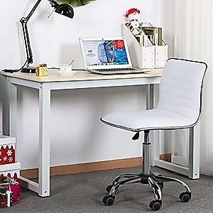Yaheetech Adjustable Task Chair PU Leather Low Back Ribbed Armless Swivel White Desk Chair Office Chair Wheels