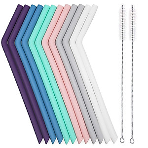 Senneny Set of 12 Silicone Drinking Straws for 30oz and 20oz - Reusable Silicone Straws BPA Free Extra Long with Cleaning Brushes- 12 Bent- 8mm diameter