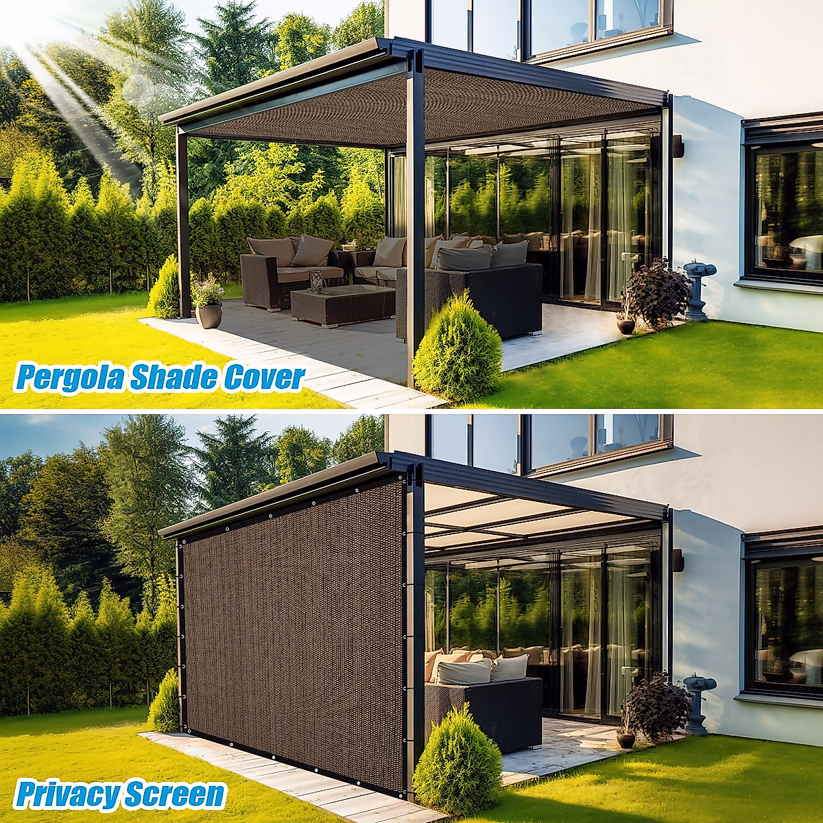 Amagenix 90% Sun Shade Cloth with Grommets, 12' x 16' Pergola Replacement Shade Cover Canopy Privacy Screen for Outdoor Patio Garden, Mocha (We Customized)