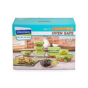 Tempered Glasslock Storage Containers 20pc set Green Lids Microwave & Oven Safe Airtight Anti Spill Proof